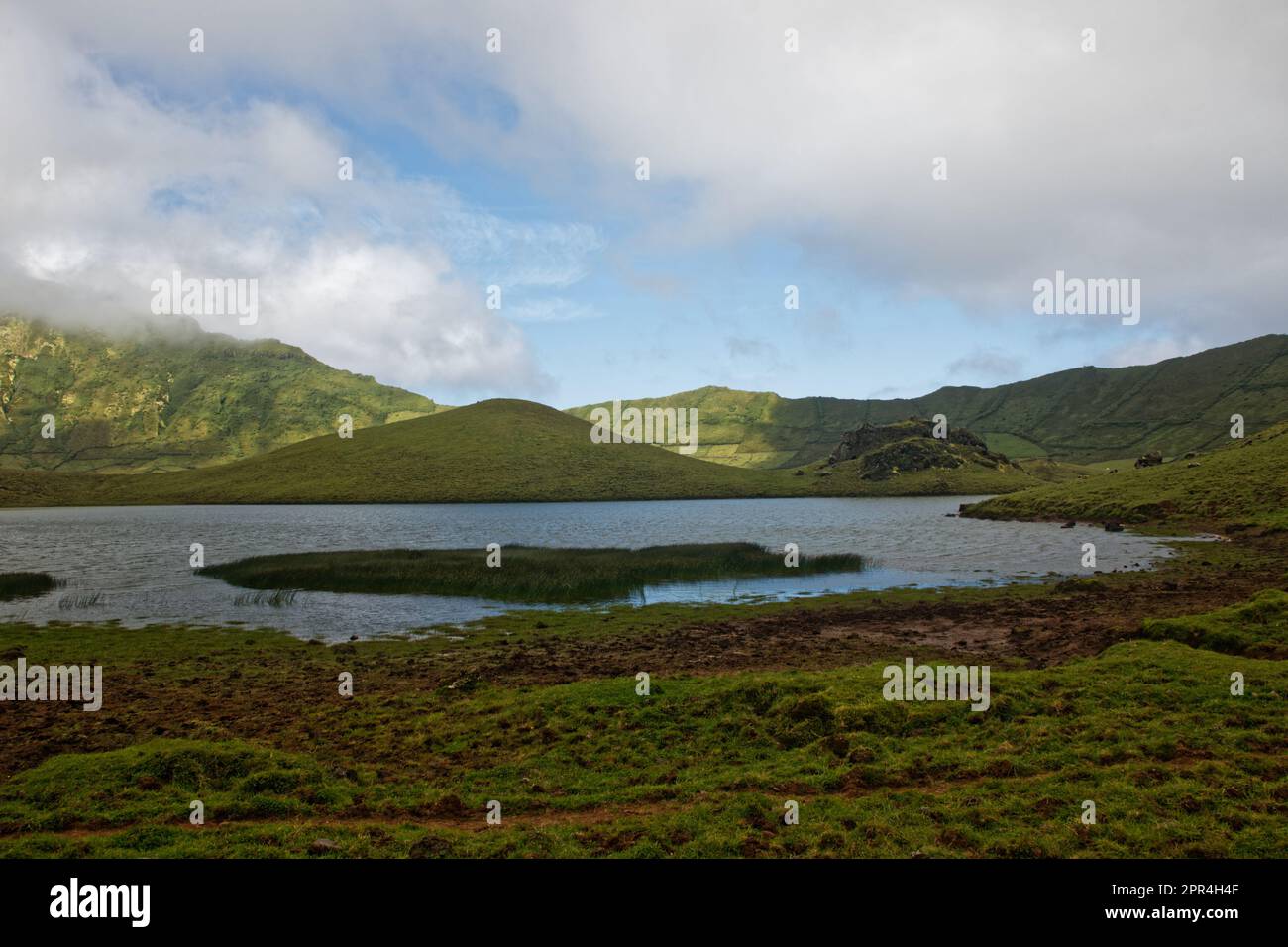 A panoramic view inside Caldeirão, the volcanic caldera of Corvo island ...