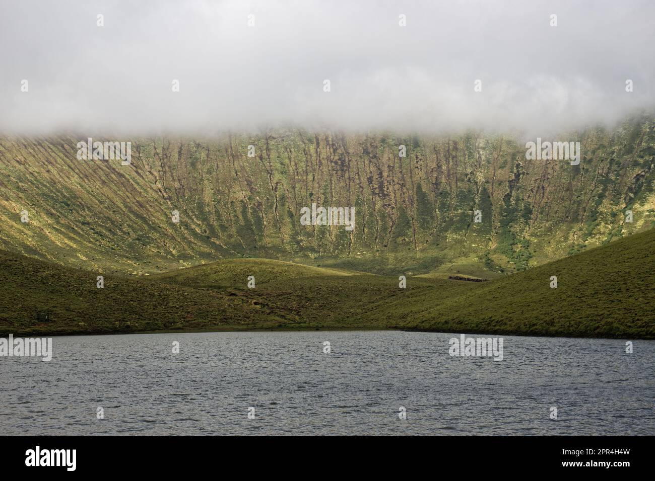 A panoramic view inside Caldeirão, the volcanic caldera of Corvo island ...