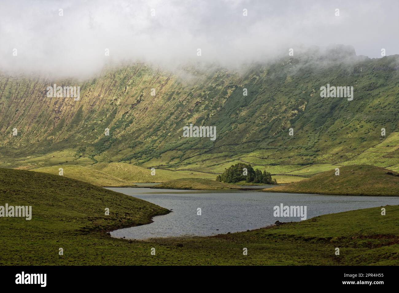 A panoramic view inside Caldeirão, the volcanic caldera of Corvo island ...