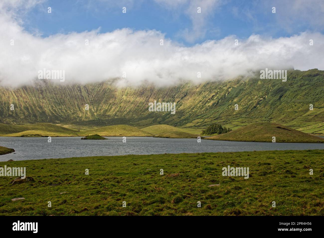 A panoramic view inside Caldeirão, the volcanic caldera of Corvo island ...