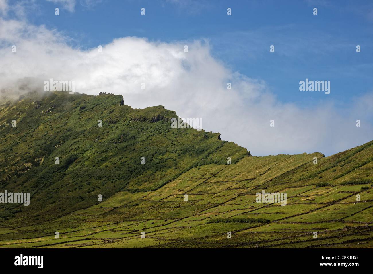 A panoramic view inside Caldeirão, the volcanic caldera of Corvo island ...