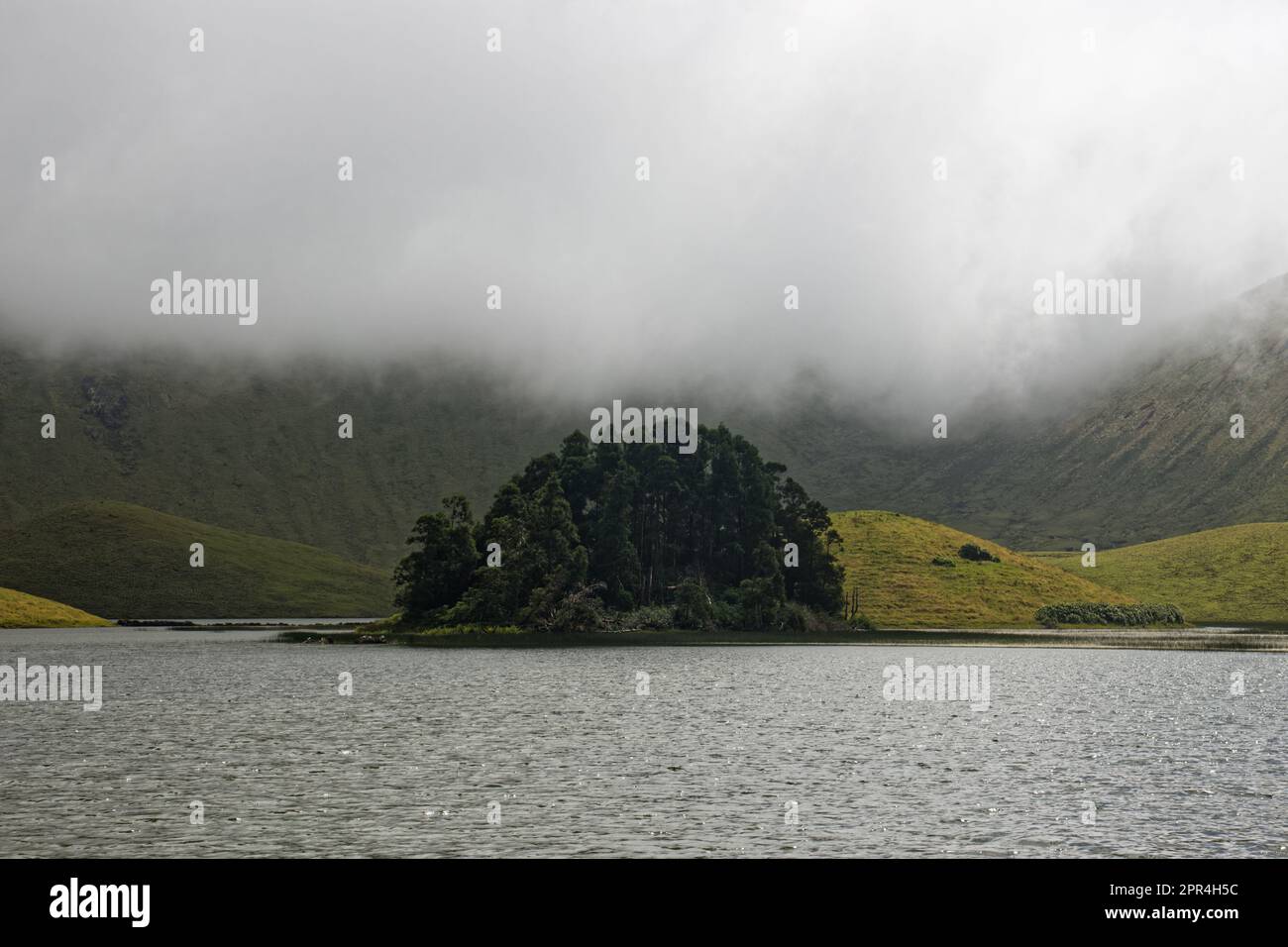 A panoramic view inside Caldeirão, the volcanic caldera of Corvo island ...