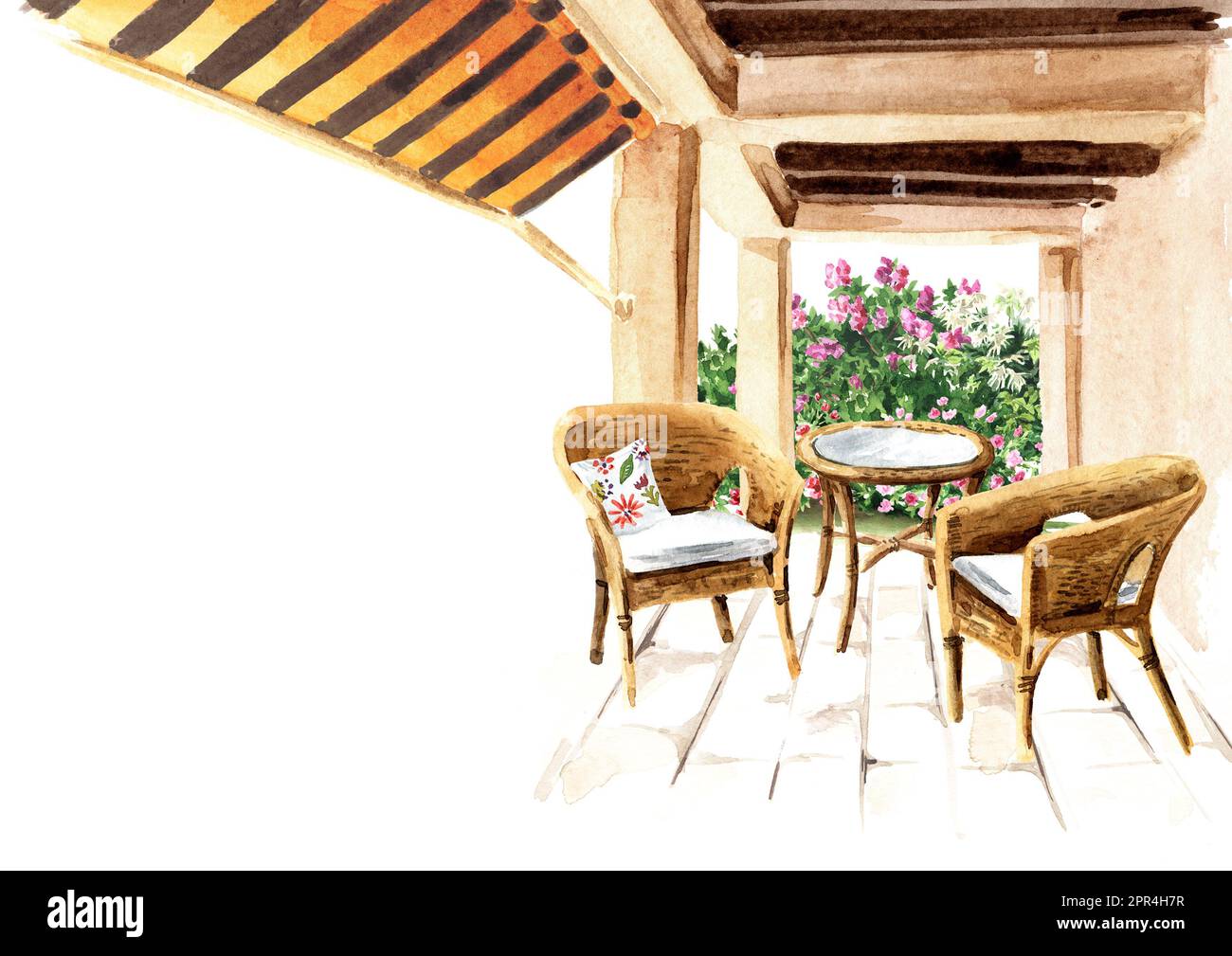 Summer terrace with rattan wicker chairs, summer cafe concept with ...