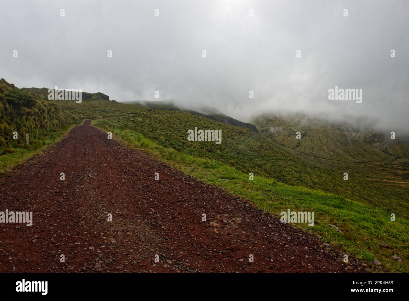 A dirt road leading to the inner parts of Flores island on a foggy ...