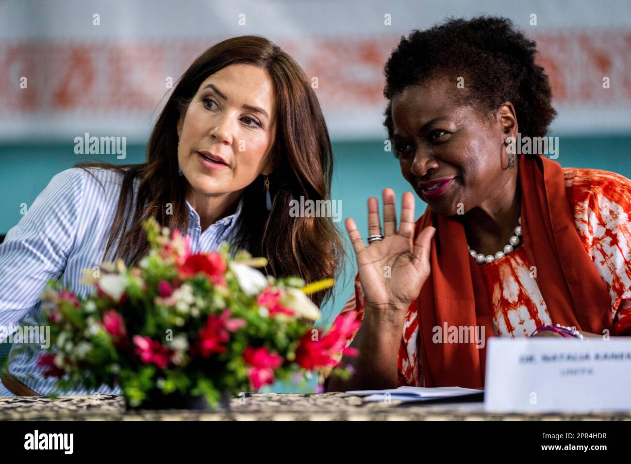Denmark's Crown Princess Mary, left, and Executive Director of UNFPA, Nathalia Kanem, share a ...