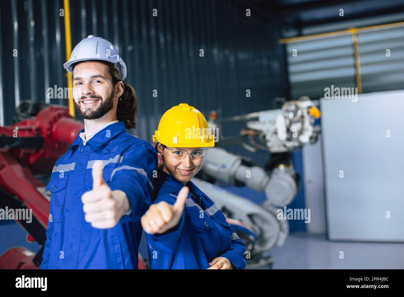 Engineer woman team worker work in Machine Robotic modern Automation ...