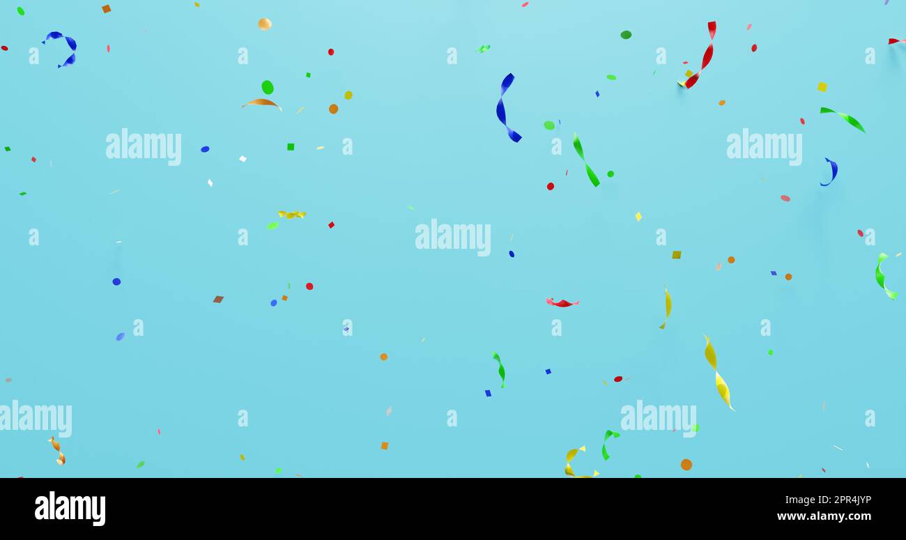 Falling colorful confetti on a blue background.3d rendering Stock Photo ...