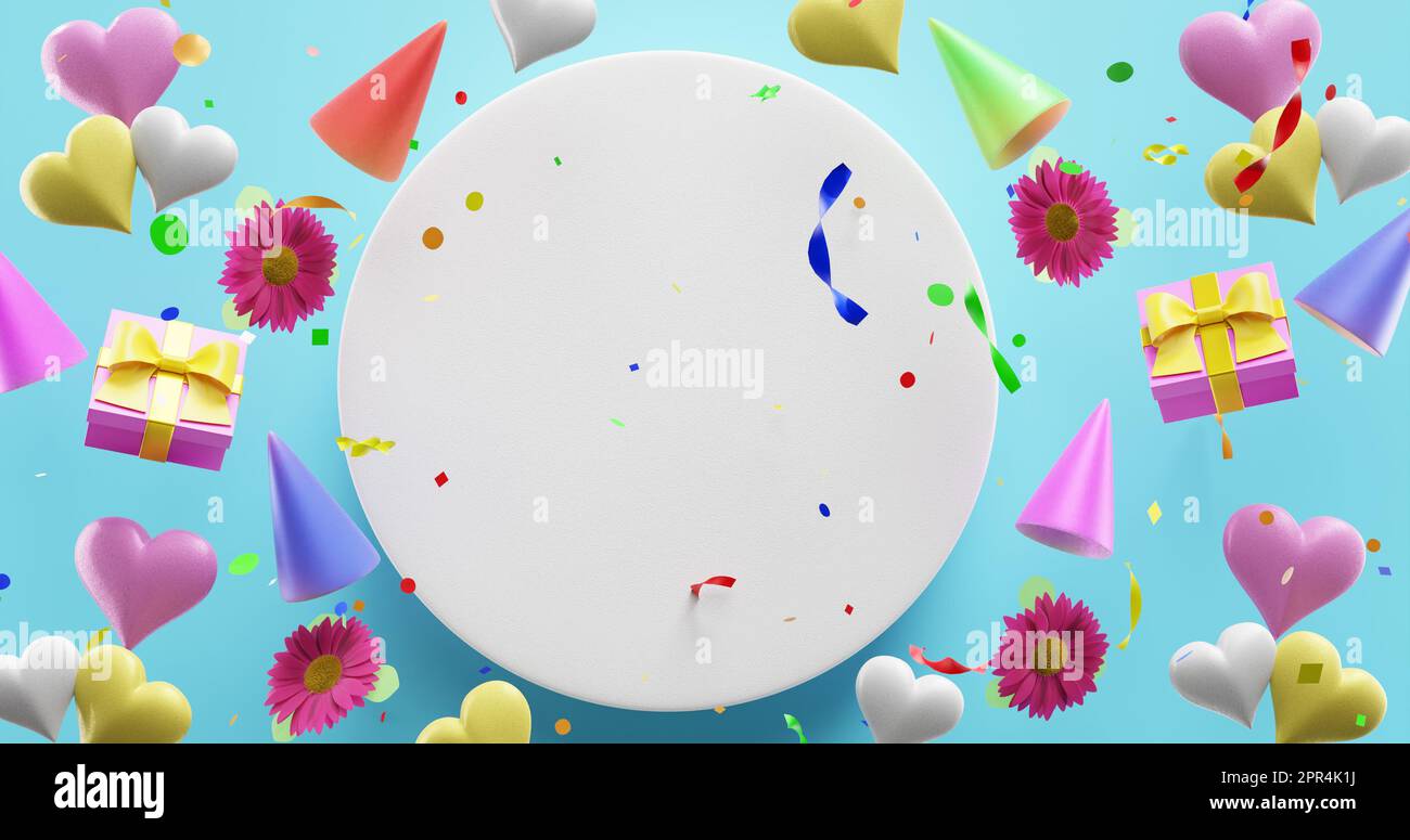 Birthday, empty white circle with confetti gift caps.3d rendering Stock Photo - Alamy