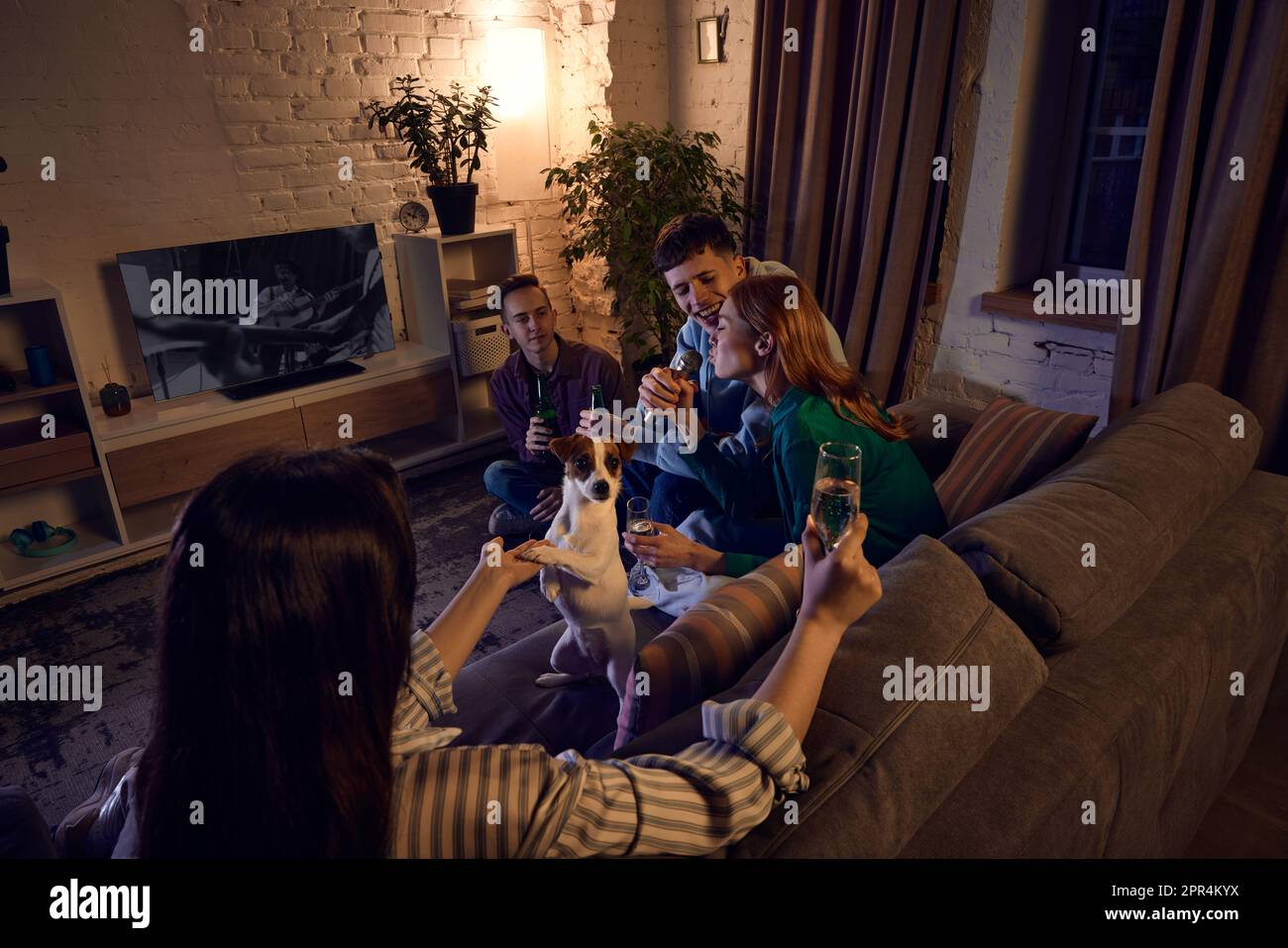 Group of young people, happy friends sitting on couch at home in the ...