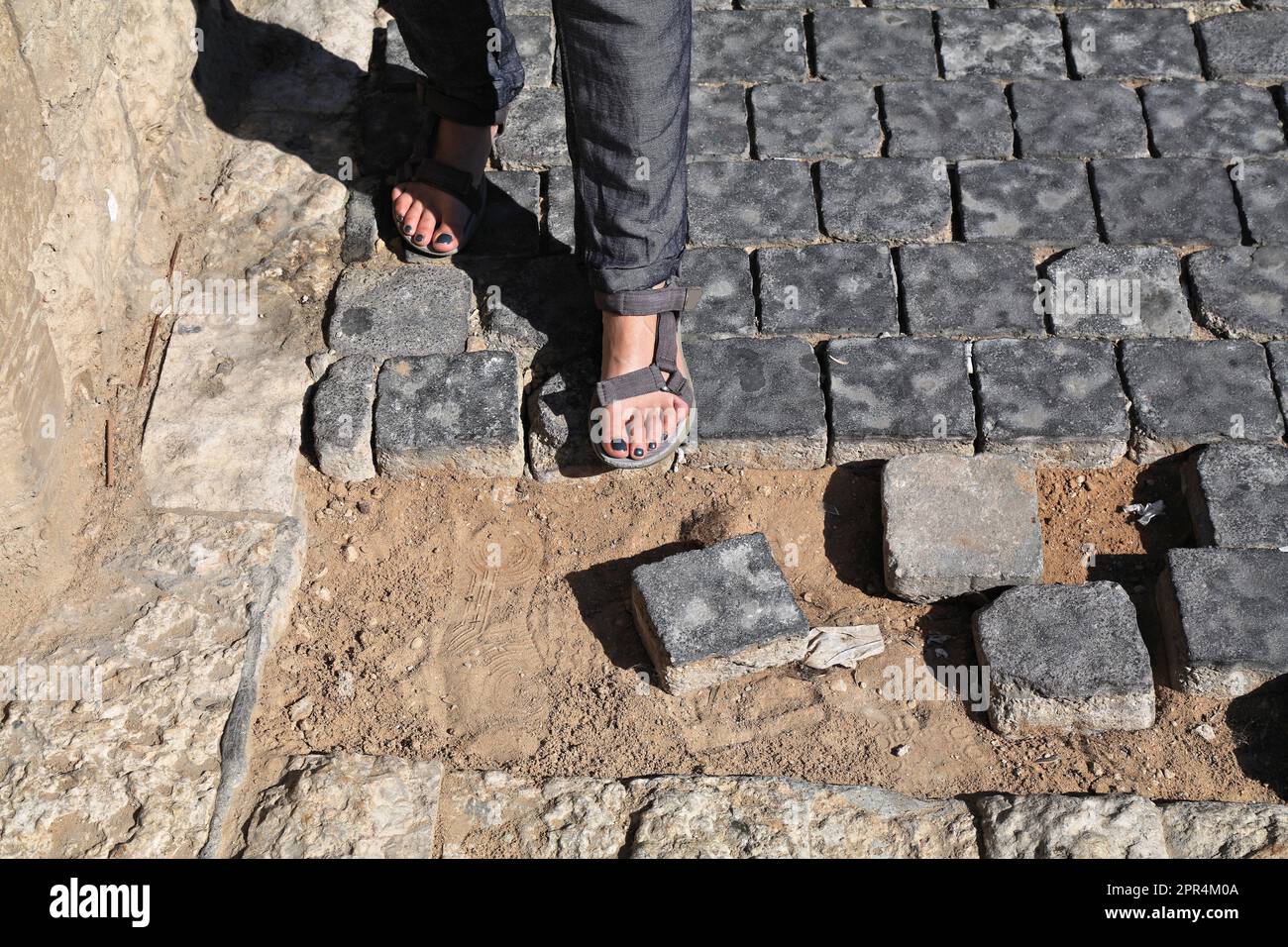 Pedestrian safety problem. City sidewalk damage. Dangerous city ...