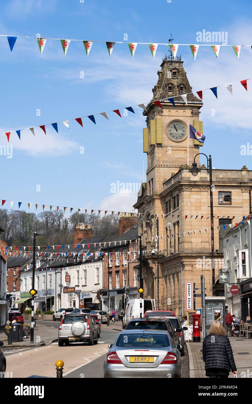Pennant bunting and the neoclassical Welshpool Town Hall on Broad ...