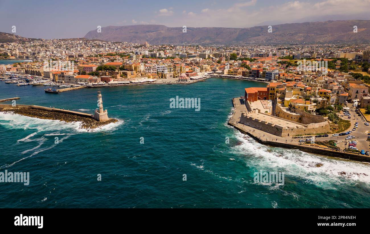 Aerial view of the entrance to the main harbour of the port of Chania ...