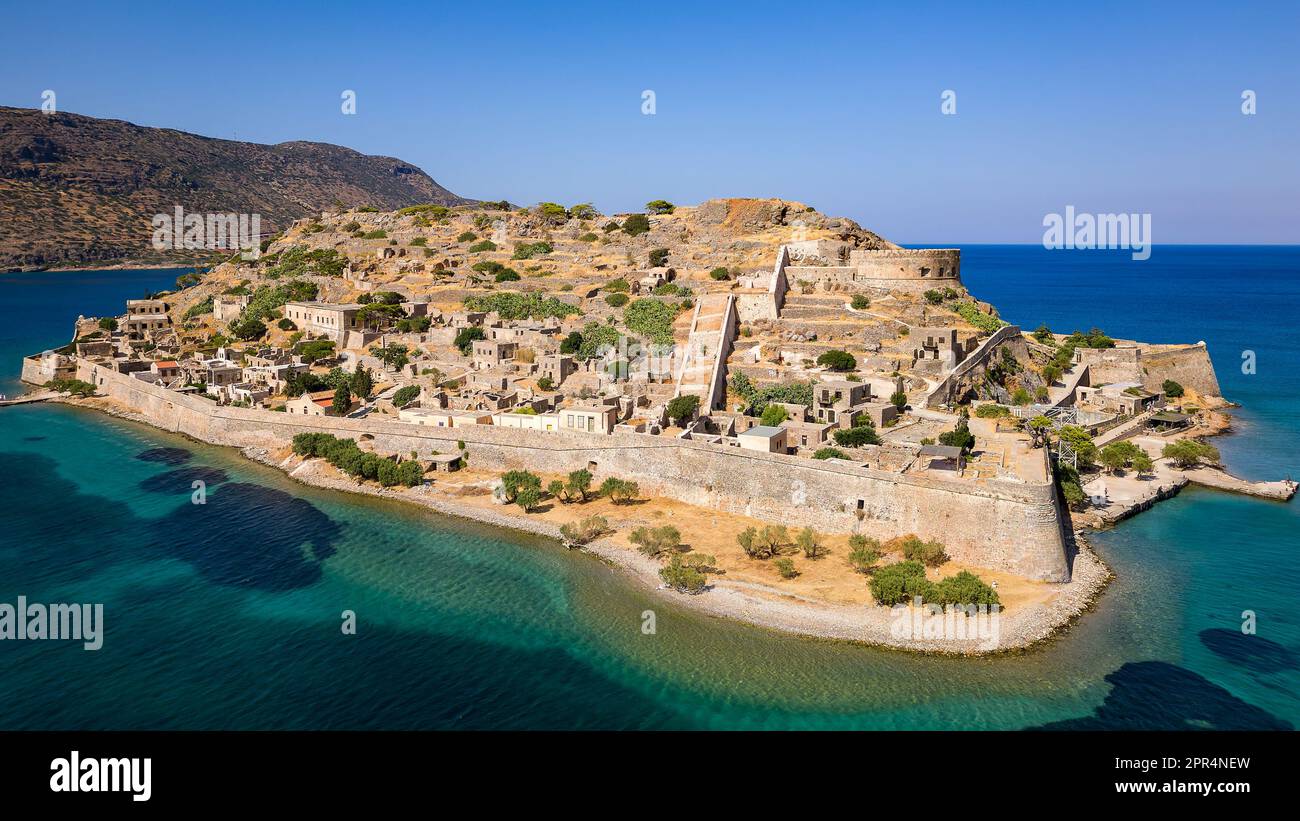 Aerial view of the former fortress and leper colony of Spinalonga on ...