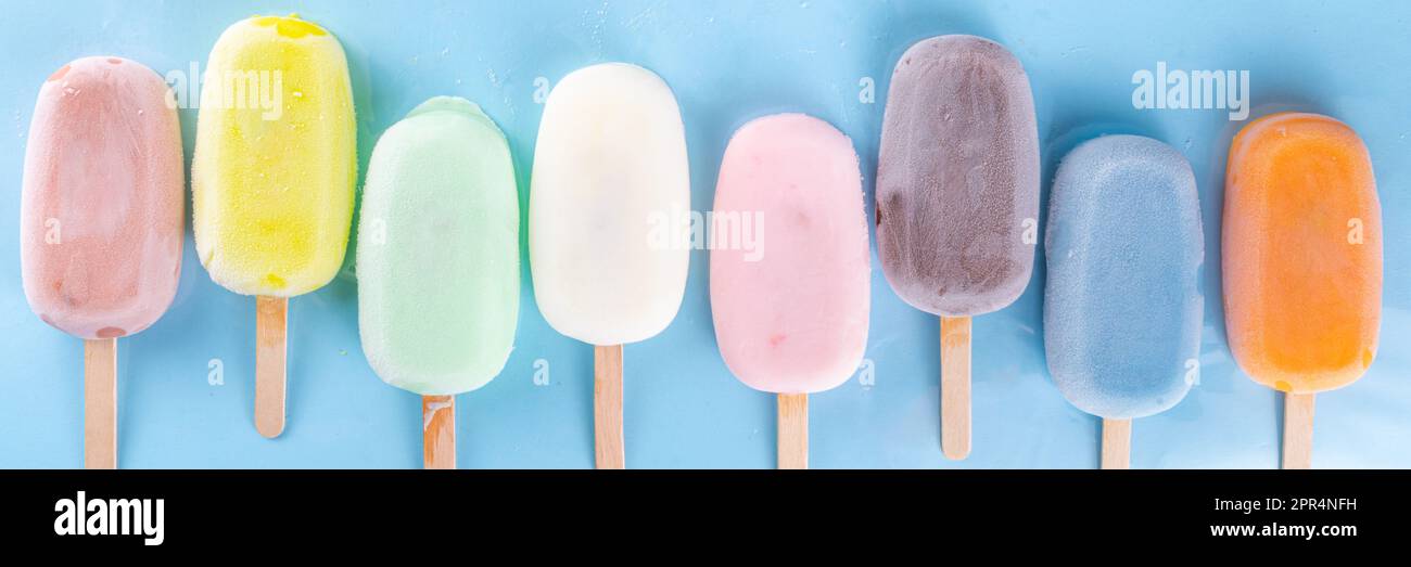 Selection of multicolored ice cream popsicles. Various flavor gelato ...