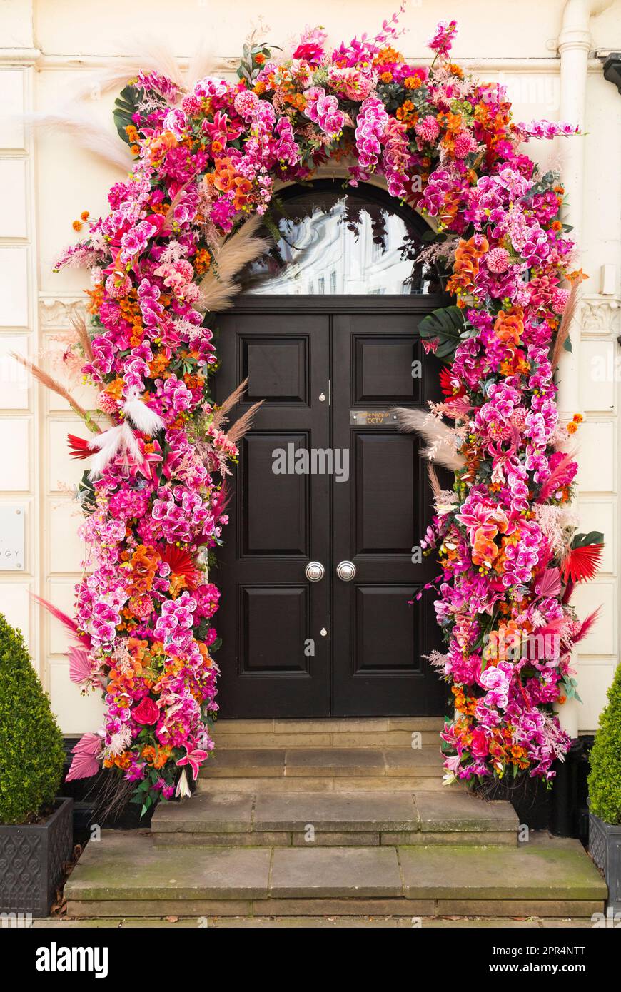 Plastic fake imitation flowers, flower garland, surround black or dark ...