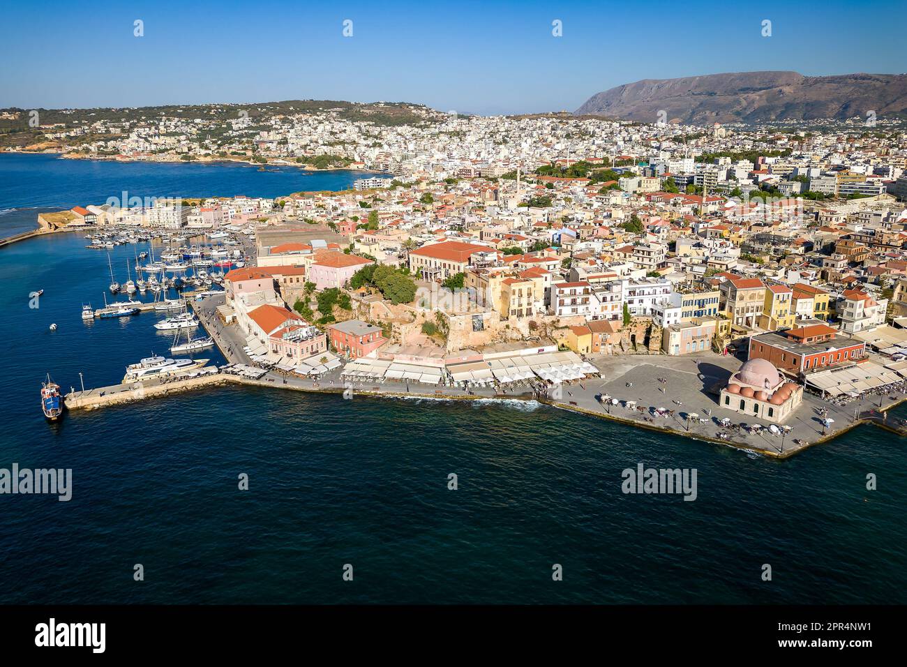 Aerial view of the modern marina at the Venetian port of Chania, Crete ...