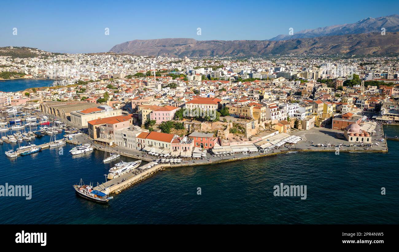 Aerial view of the modern marina at the Venetian port of Chania, Crete ...