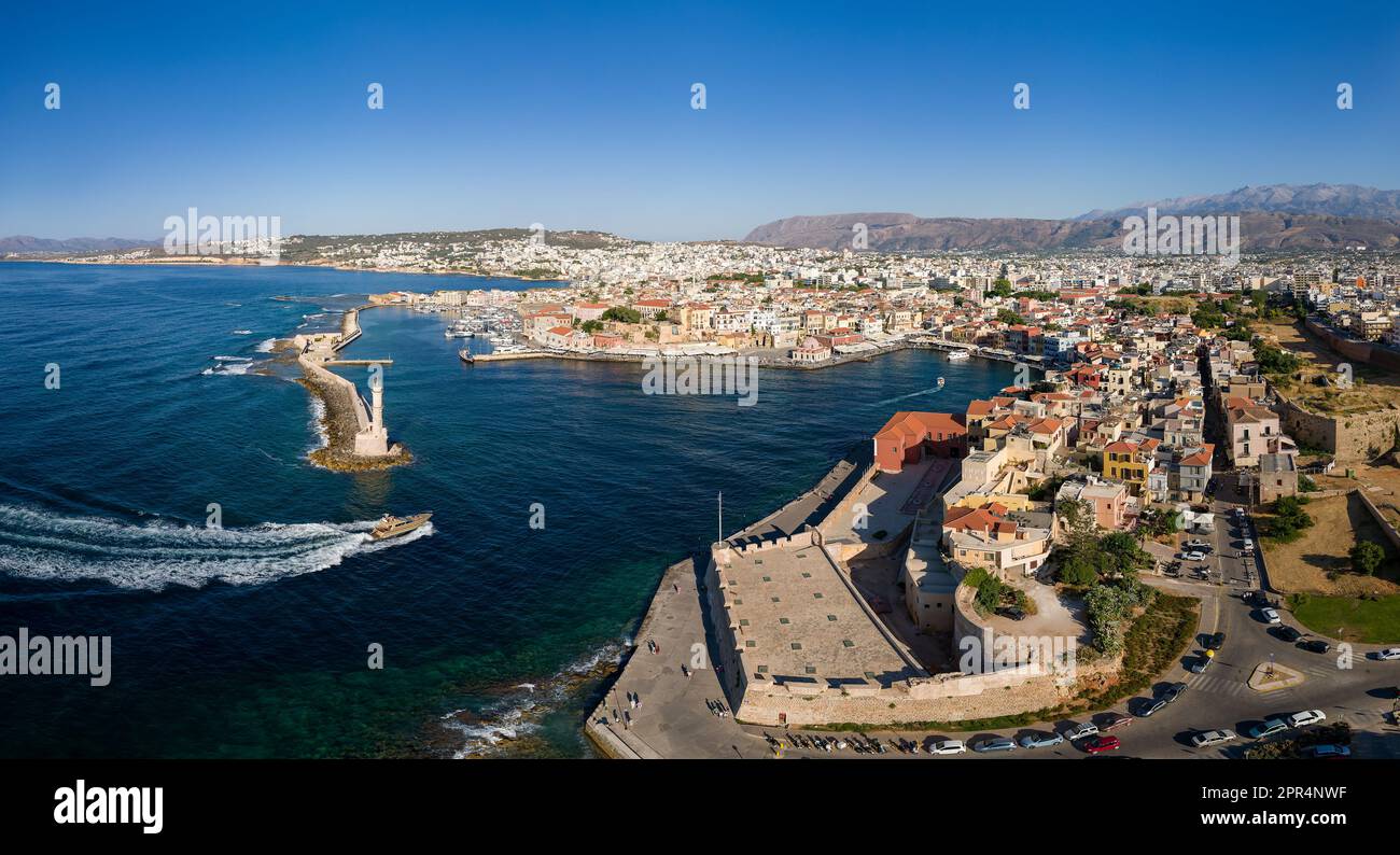 Aerial view of the entrance to the main harbour of the port of Chania ...