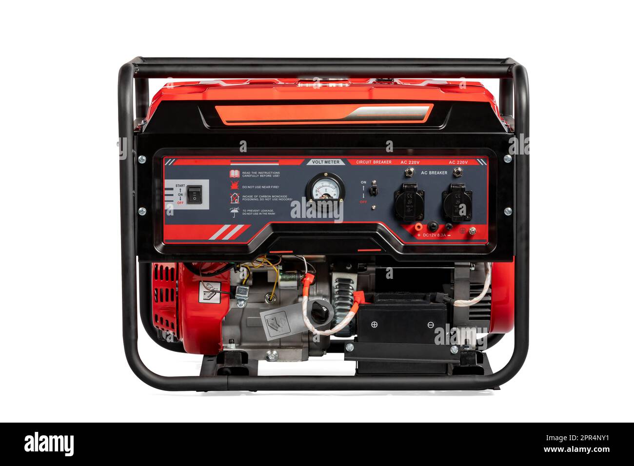 Portable red electric generator isolated on white for backup energy ...