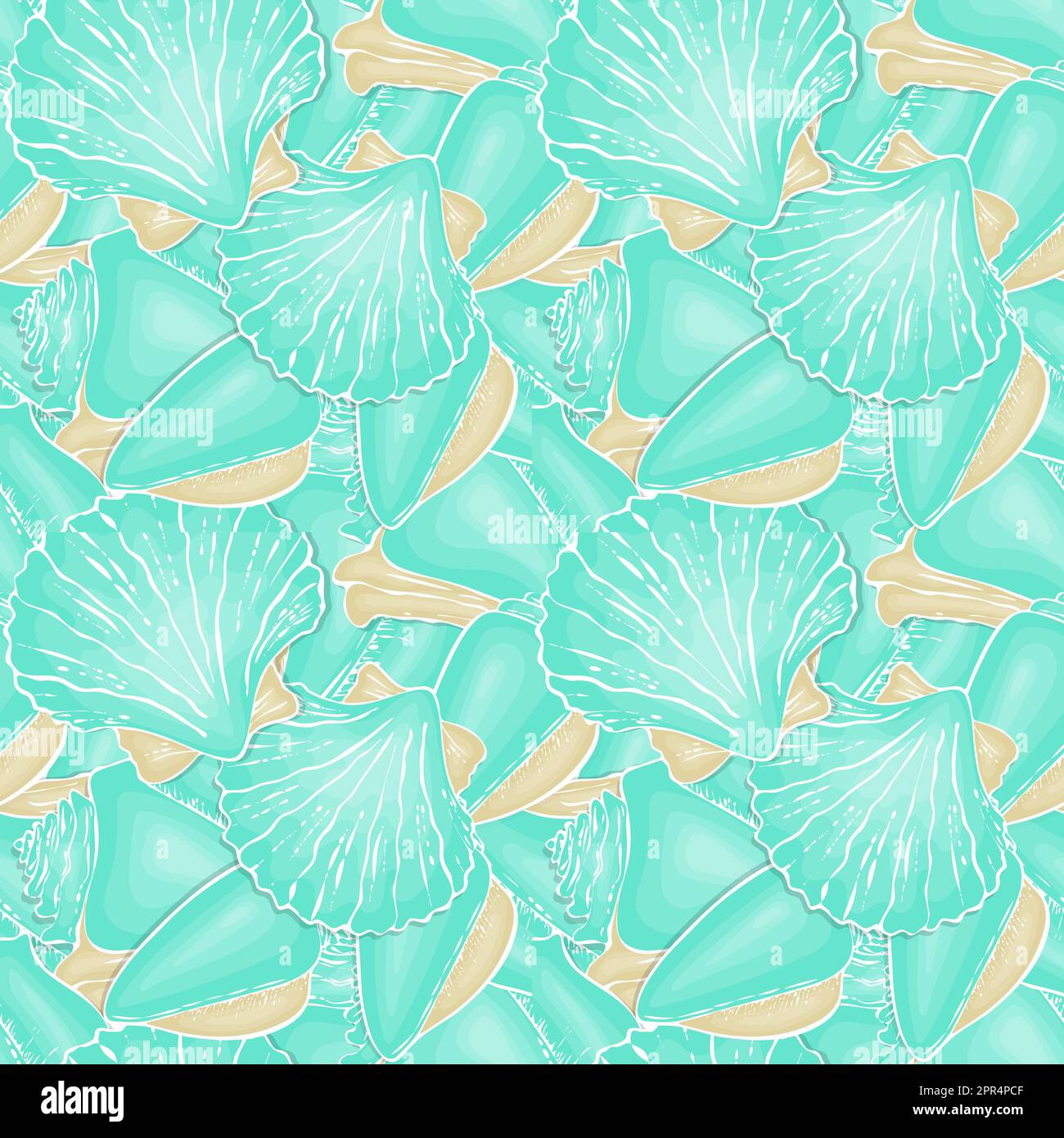Pattern Seashell hand drawn doodle drawing, blue and beige pastel tone ...