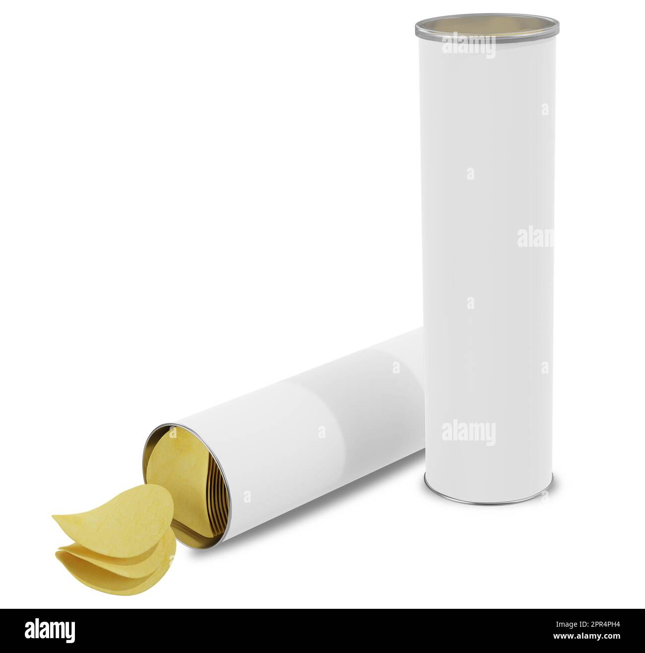 Two white kraft paper snack tubes with potato chips isolated on white ...