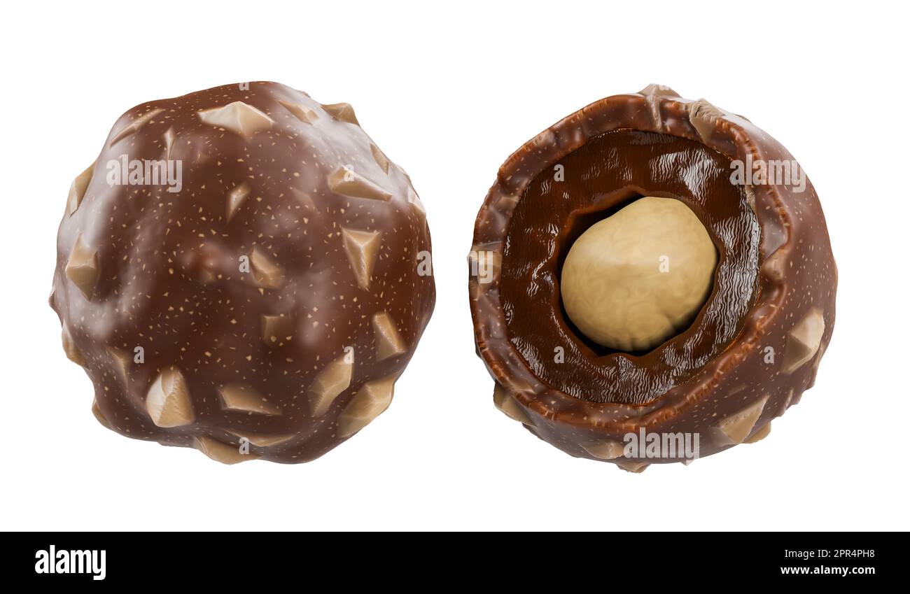 Two chocolate ball whole and half with hazelnuts isolated on white ...