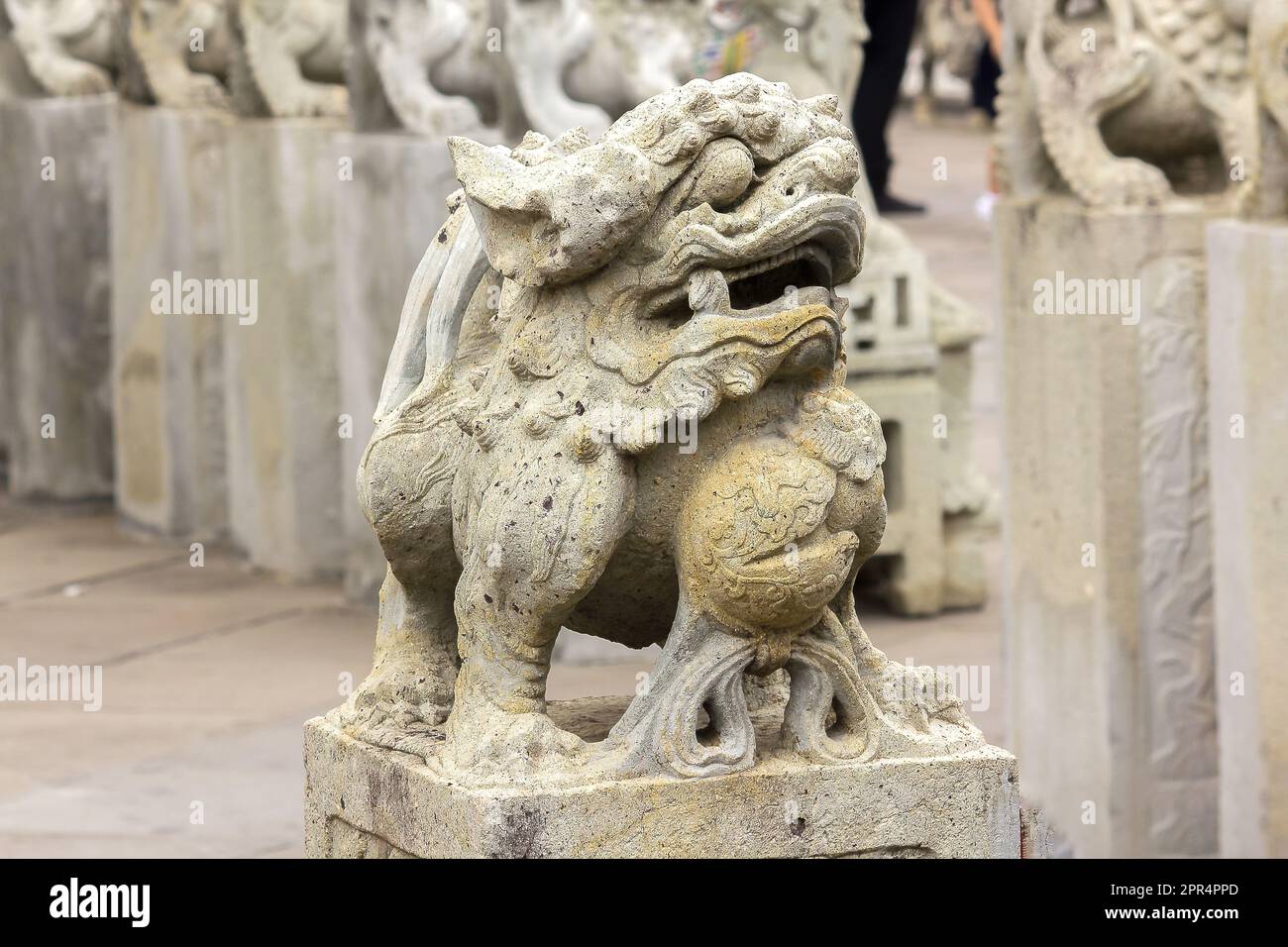 Chinese style lion carved stone on the pedestal is a sacred animal of ...