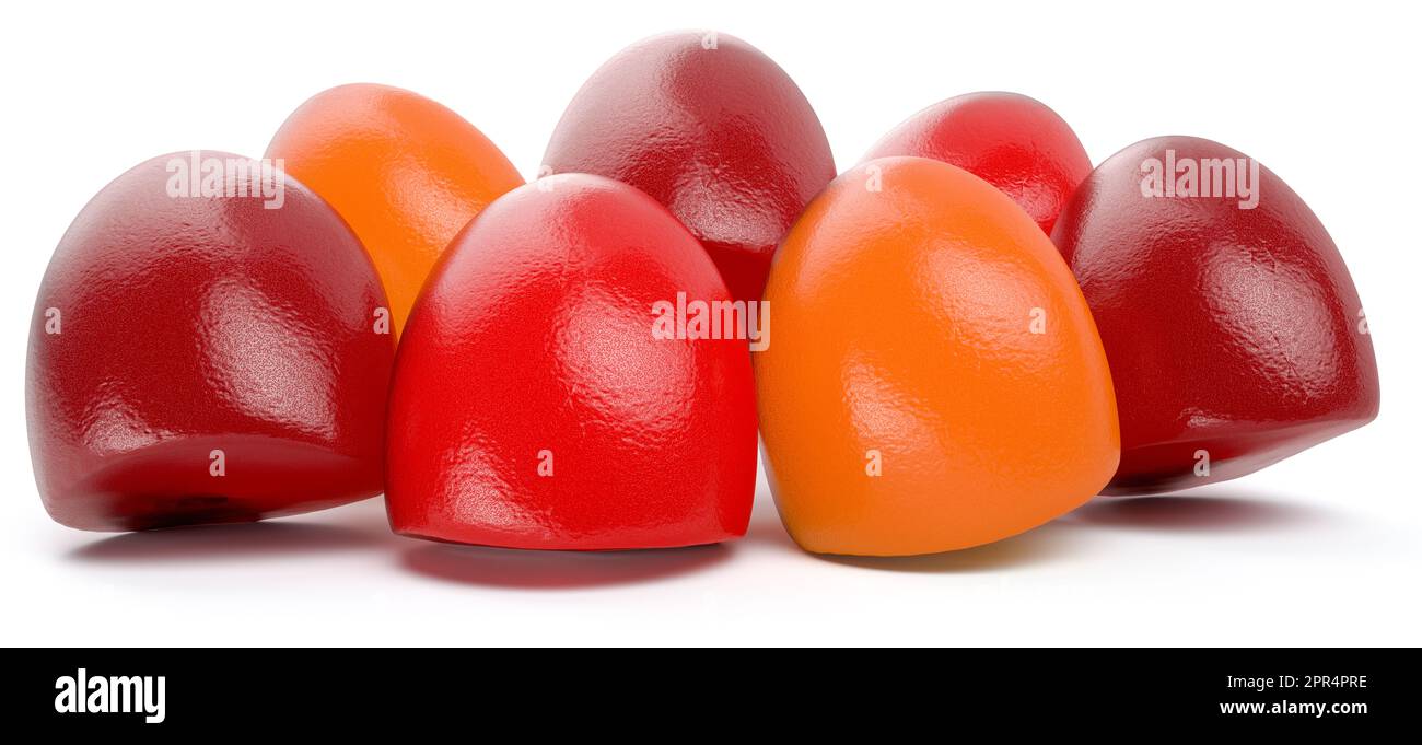 Multivitamin gummies red, orange and purple isolated on white ...