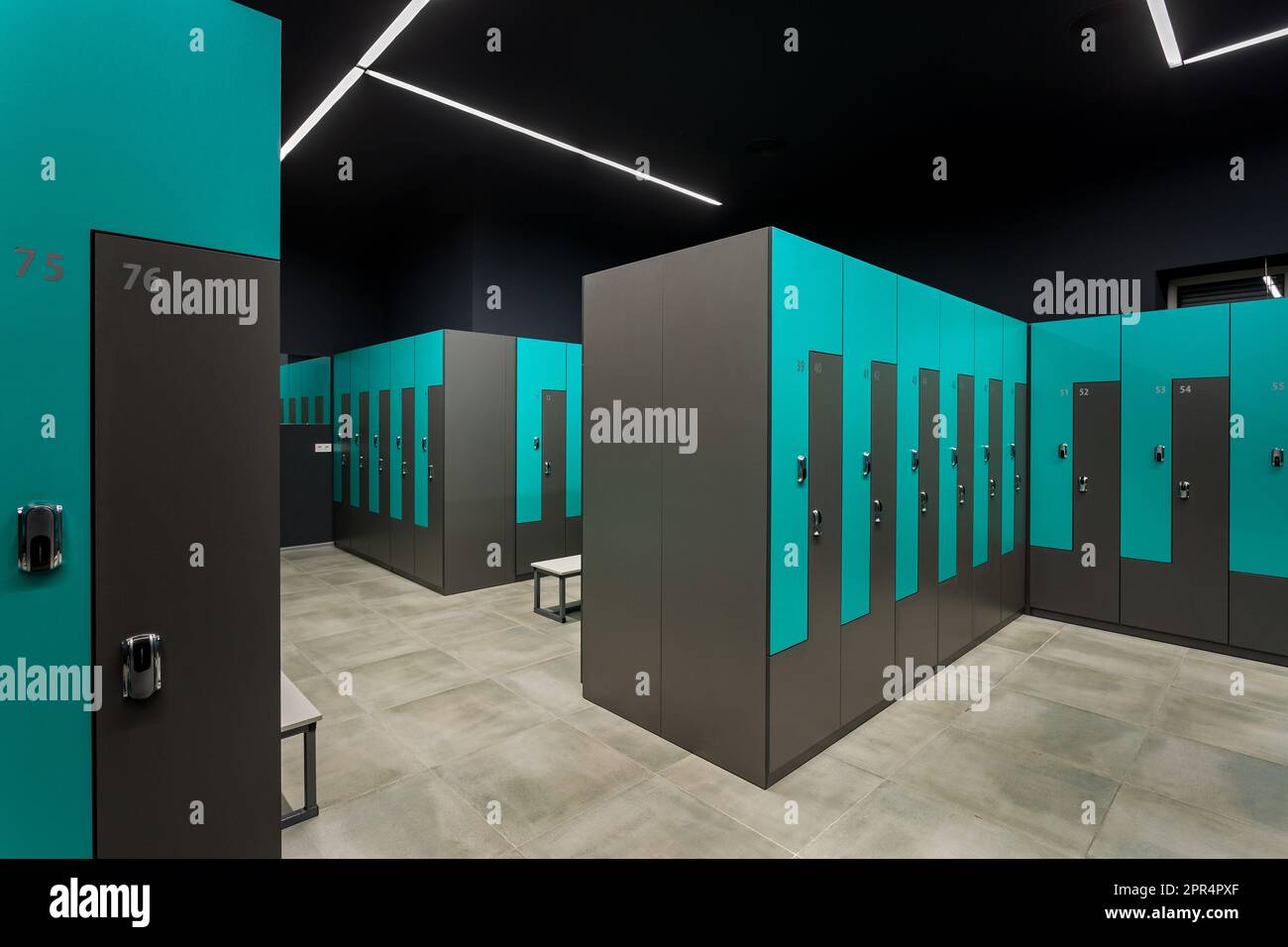 Sport wardrobe, locker room in sport club. Blue dressing room Stock ...