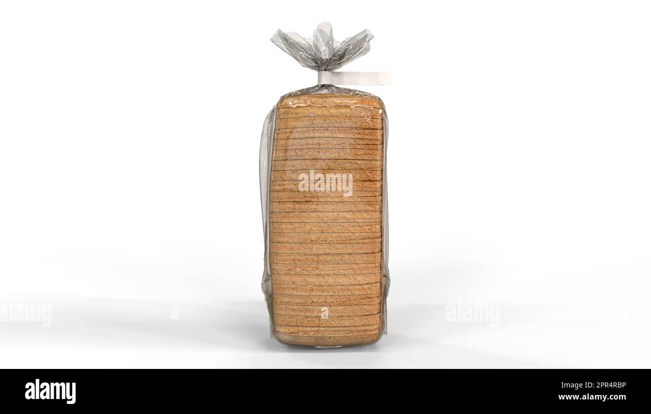 Sliced bread bag packaging in transparent foil isolated on white ...