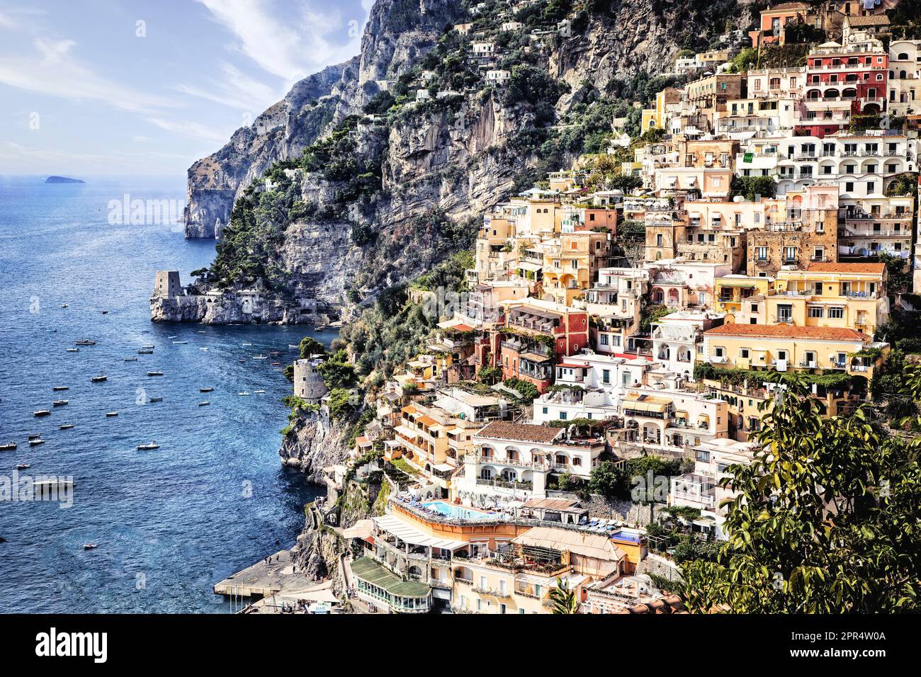Positano cascades to the ocean on the Amalfi coast in Campania, Italy ...