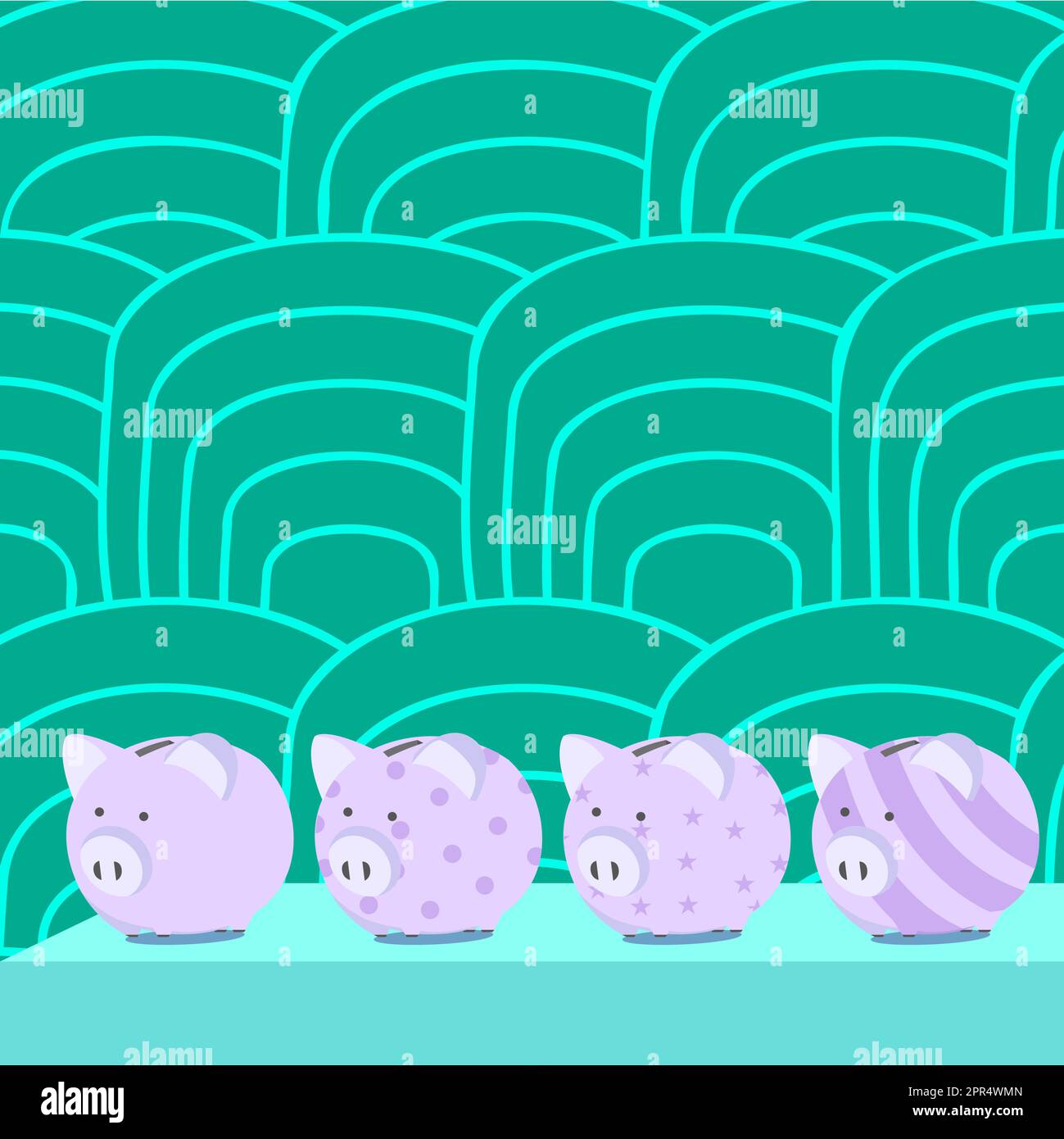 Multiple Piggy Bank Drawing On Table With Striped Background. Diffrent ...