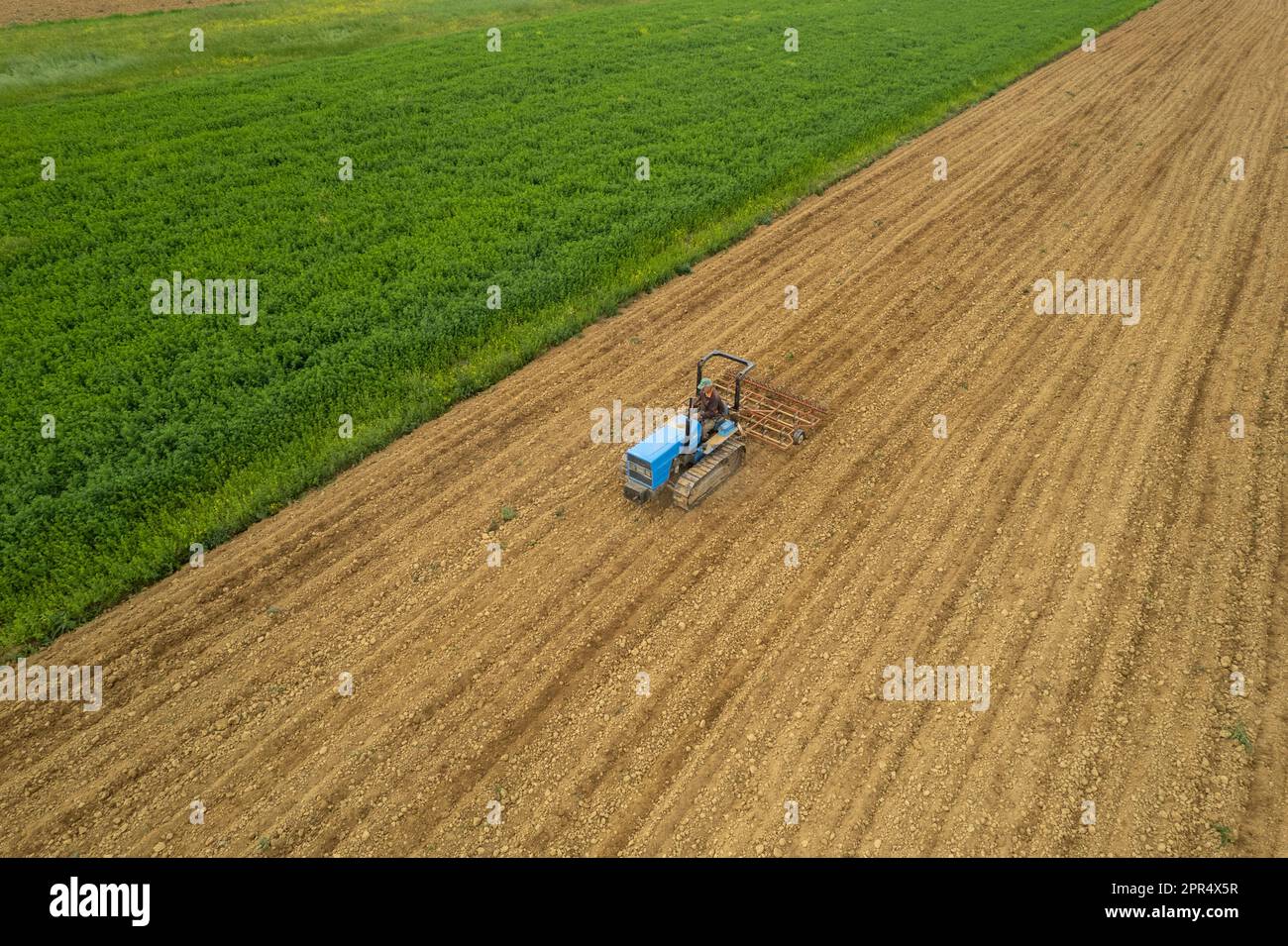Castell'Arquato, Italy - April 2023 farmer driving crawled tractor in ...