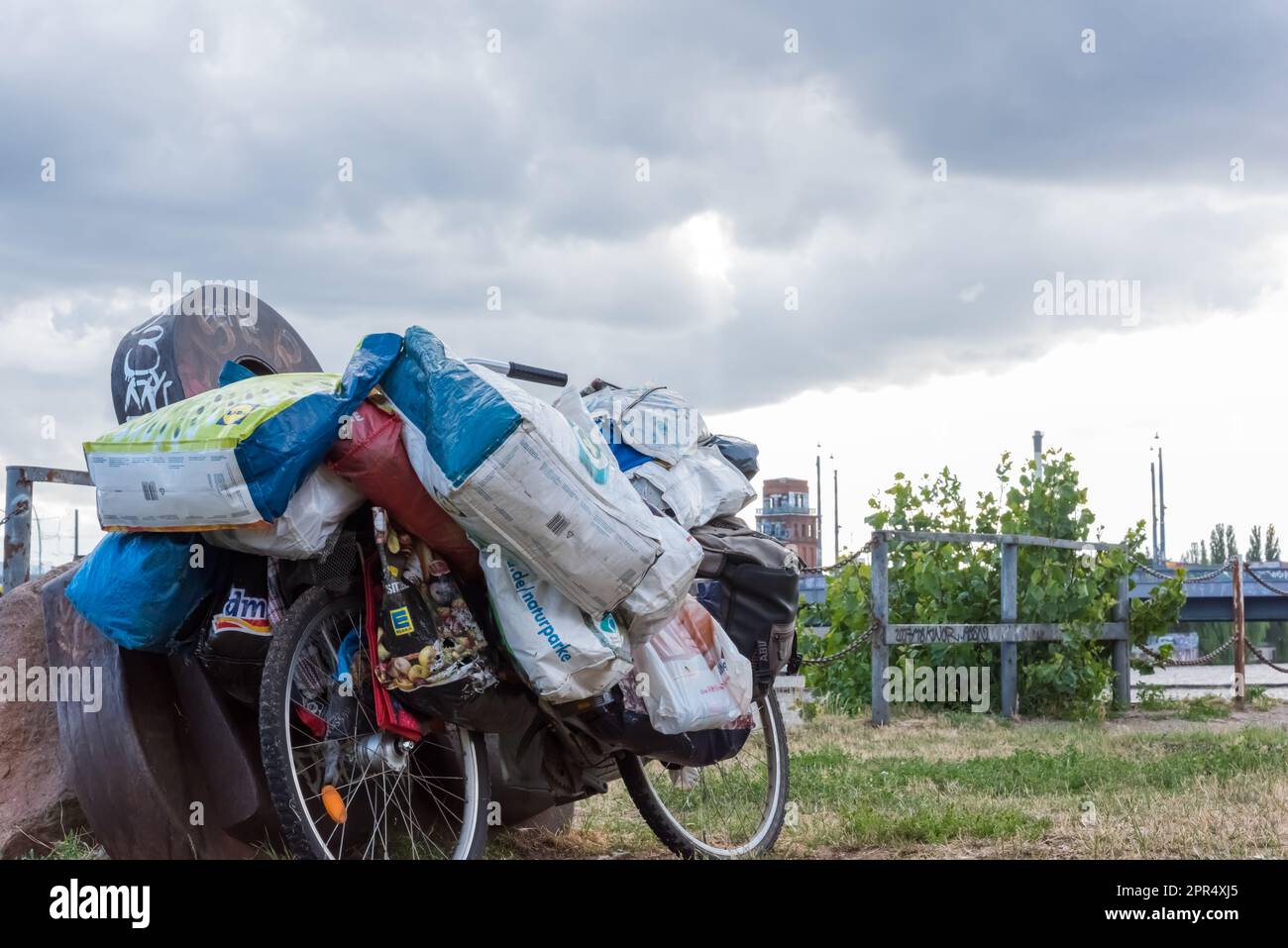 A bicycle of a homeless man with his possession, Berlin, Germany, 2018 ...