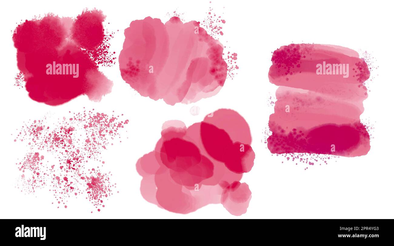A set of watercolor colored spots. Red Viva Magenta water spots on a ...