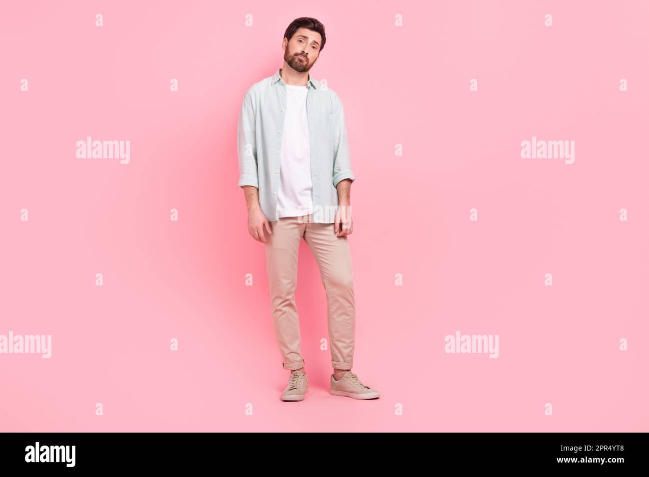 Full body photo of handsome young guy gloomy posing sad tired ...
