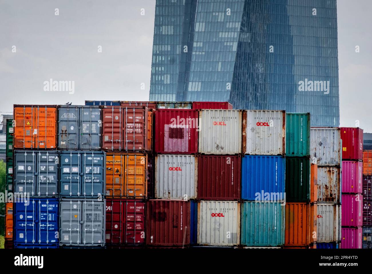Containers are piled up at a cargo terminal of Deutsche Bahn in ...
