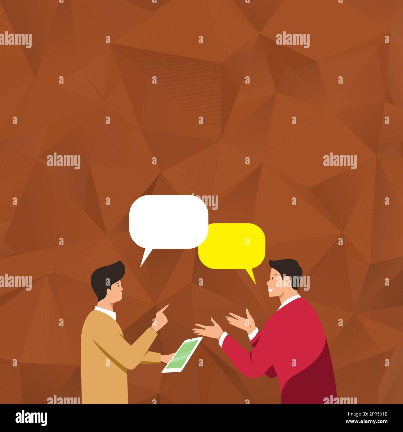 Two Men Colleagues Standing Sharing Thoughts Together With Speech ...