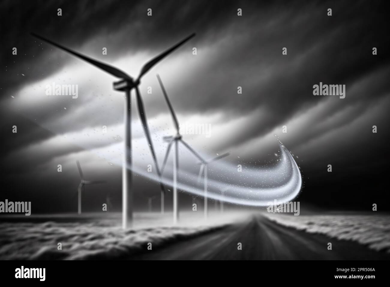 Wind turbines with illustration wind flow. Renewable energy concept ...