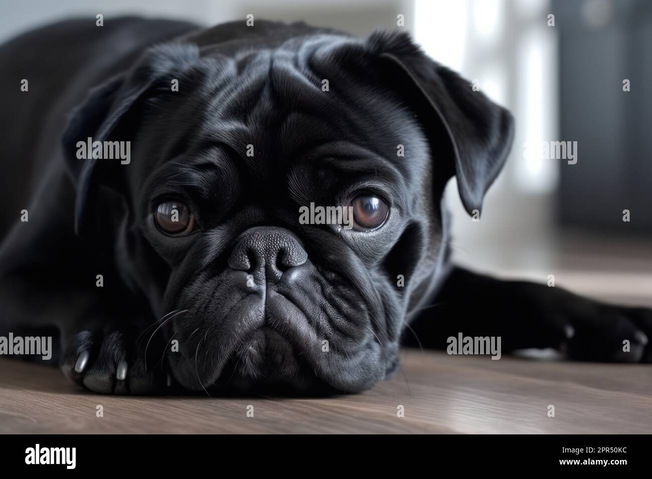 Cute sad lonely black pug lieing on house floor waiting for owner. Miss ...