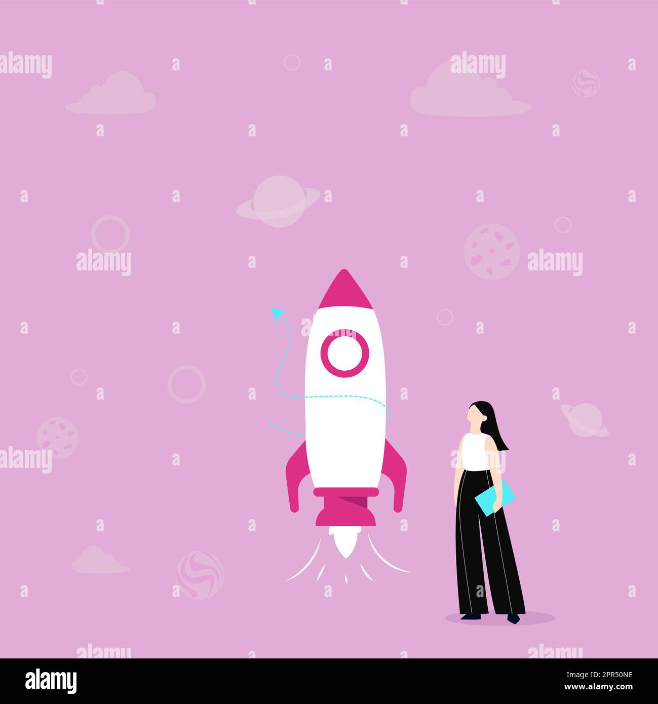 Illustration Of Casual Girl Standing Alone Beside Large Rocket Ship ...