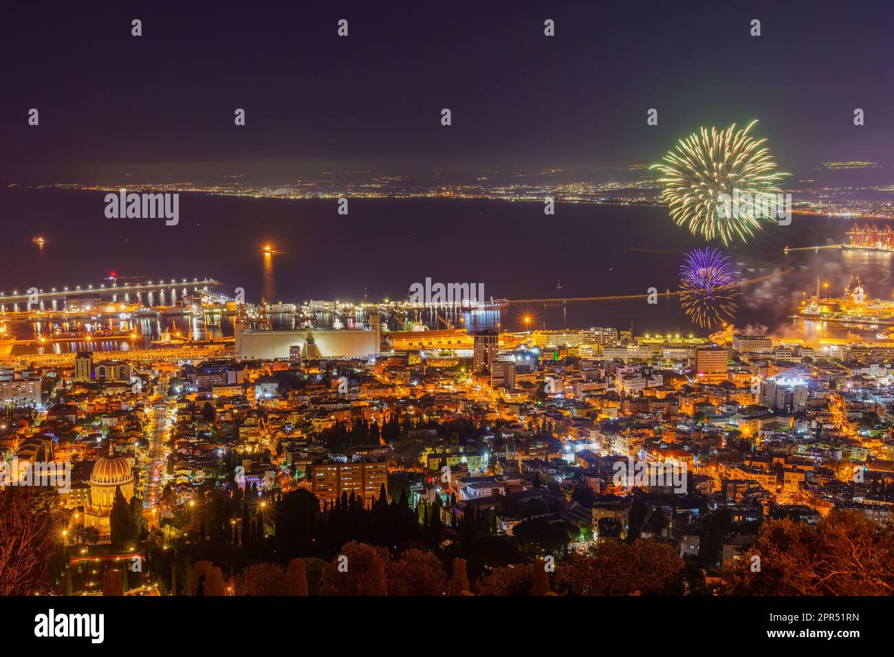 View of Israel 75th Independence Day fireworks, with the Bahai shrine ...