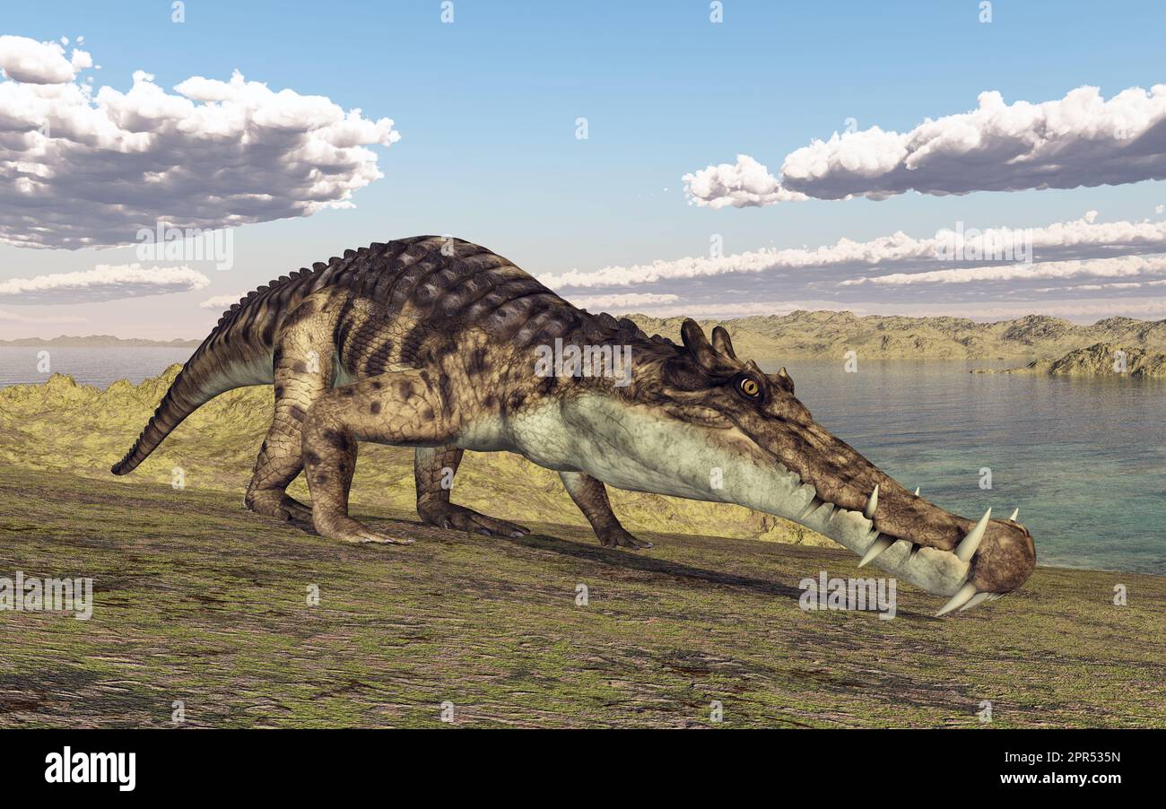 Prehistoric crocodile Kaprosuchus in a landscape Stock Photo - Alamy