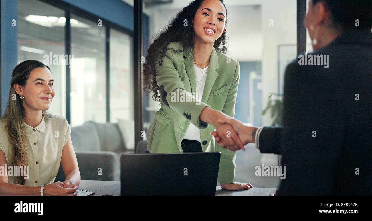 Business applause, acquisition handshake and people celebrate ...