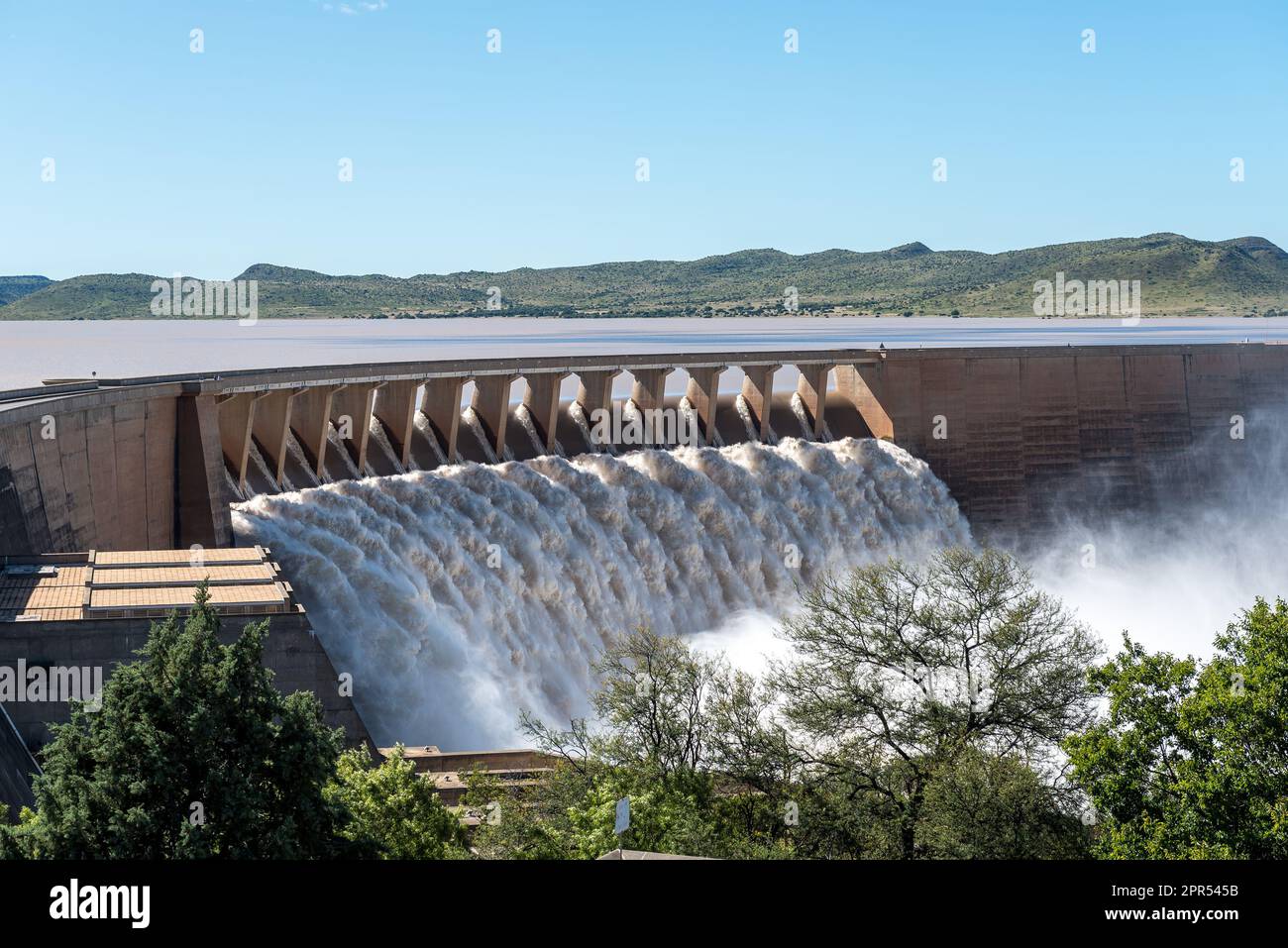 The Gariep Dam overflowing. The dam is the largest in South Africa. It ...