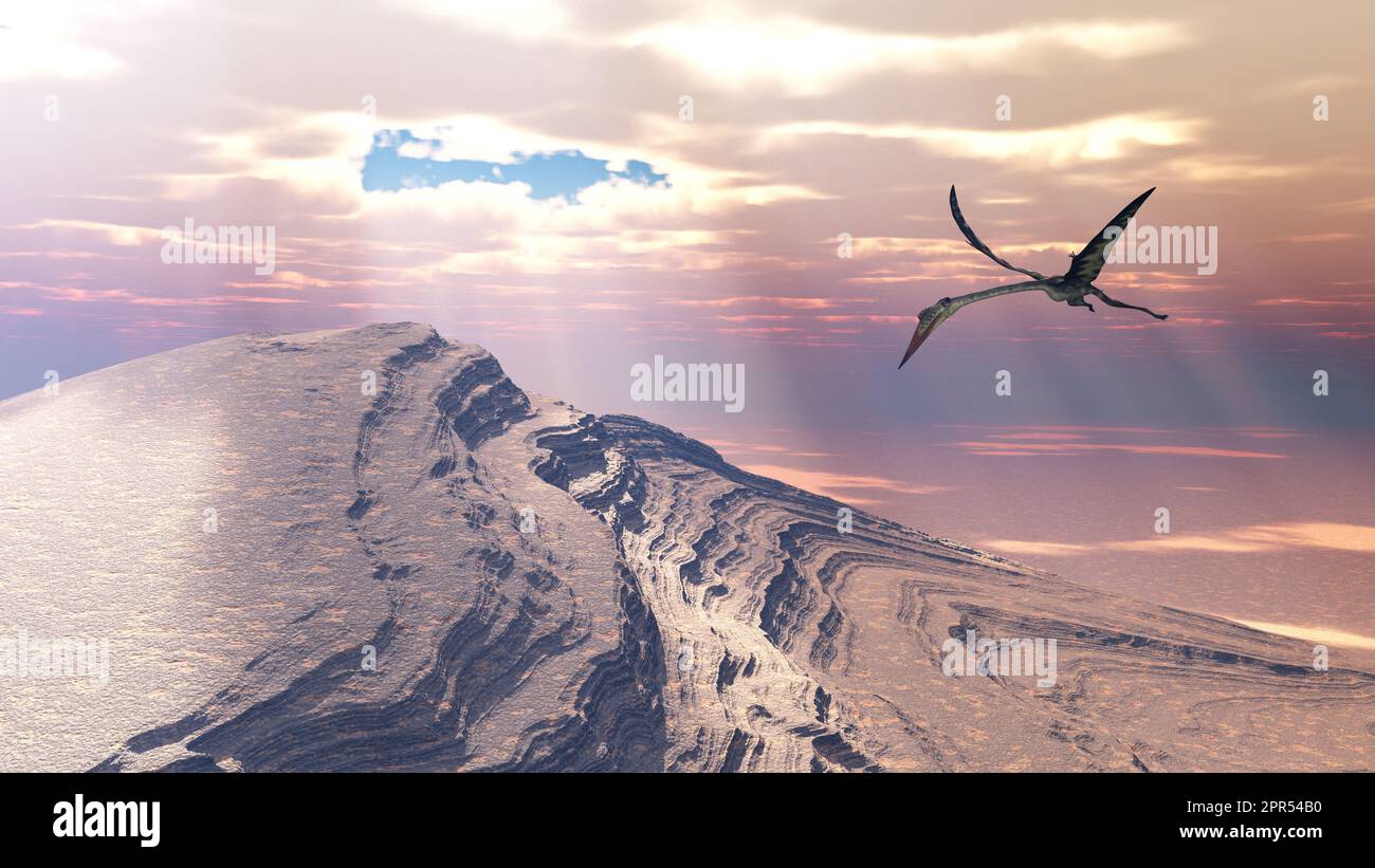 Pterosaur Quetzalcoatlus flying over a mountainous landscape Stock ...