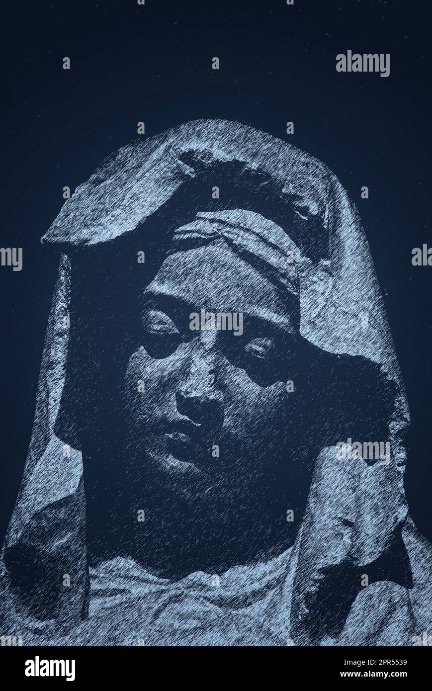 Light blue lady. Sculpted female face with downcast eyes, placed in a ...