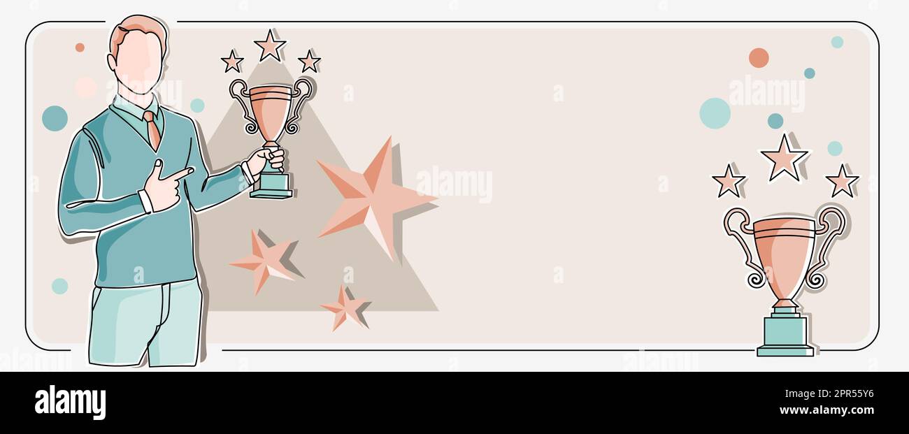 Businessman in suit pointing finger holding trophy cheering reaching ...