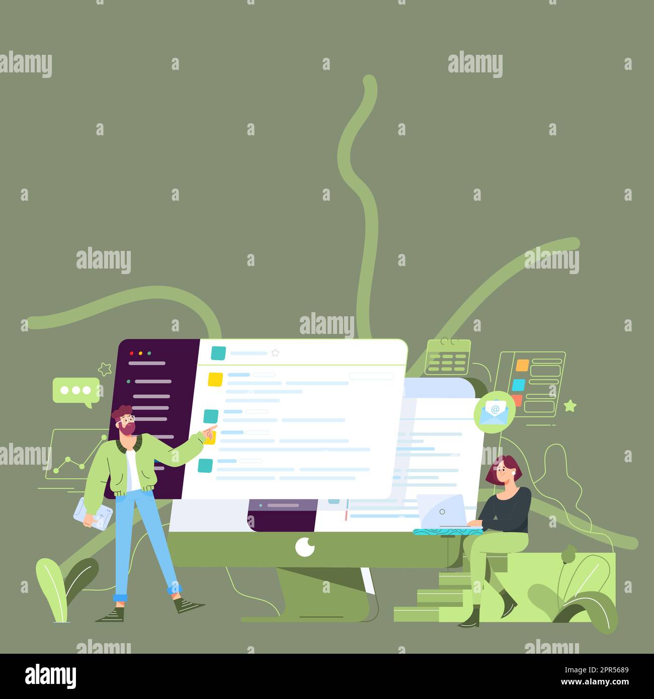 Couple Drawing Using Desktop Computer Helping Each Other Accomplishing Work. Man Pointing To A ...