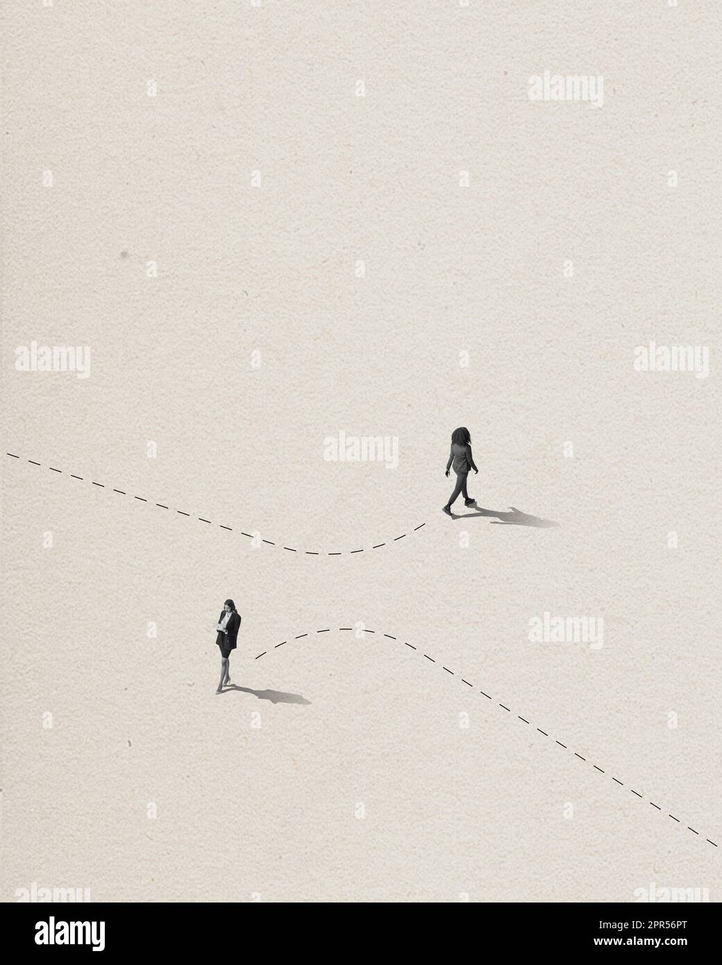 Contemporary art collage with two women going different ways ...